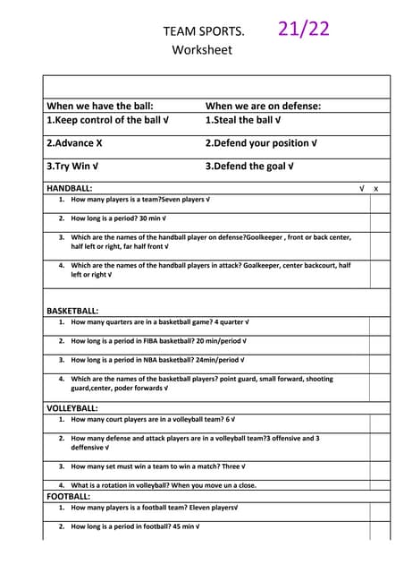 Worksheet "Team Sports" in theory class | DOC | Sports