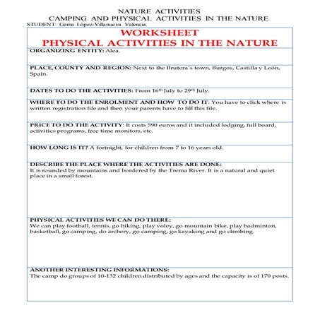 Worksheet physical activities in the nature | PDF