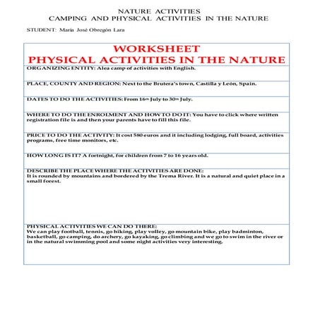 Worksheet physical activities in the nature | PDF