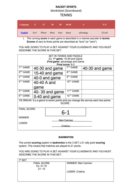 Worksheet about racket sports | PDF