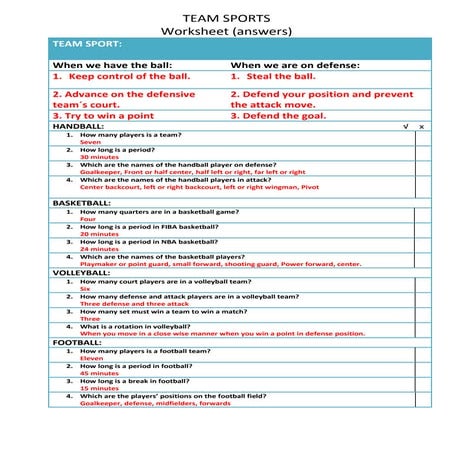 Team sport worksheet | DOCX