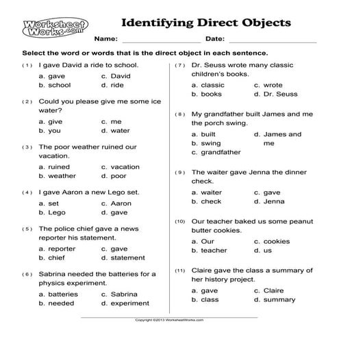 Worksheet works identifying_direct_objects_1 | PDF