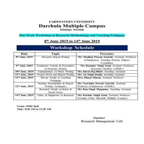 Program Schedule of A Week Workshop on Research Methodology & Teaching ...