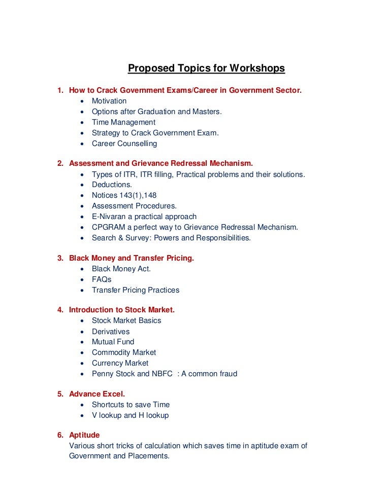 Workshop Topics Workshop Topics