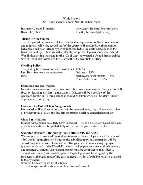 World History Syllabus | DOC | Homework and Study | Education
