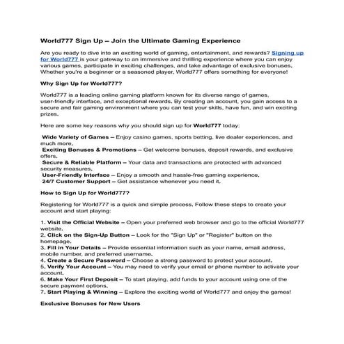 World777 Sign Up – Join the Ultimate Gaming Experience | PDF