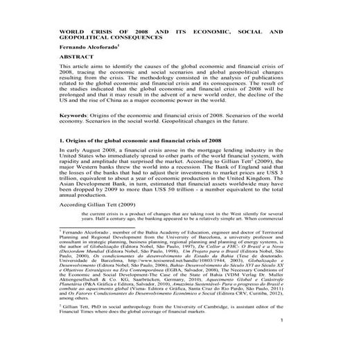 World crisis of 2008 and its economic, social and geopolitical ...