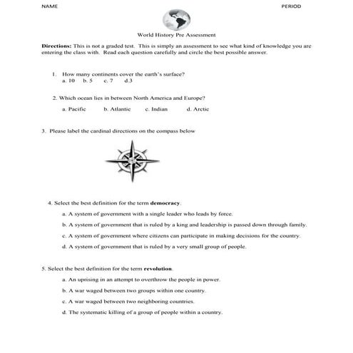 World history pre assessment | DOCX | Death, Injury, or Military ...