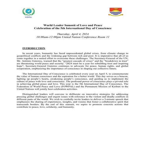 World Leader Summit of Love and Peace - 5th International day of ...