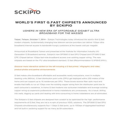 World’s First G.fast Chipsets Announced by Sckipio | PDF | Computer ...