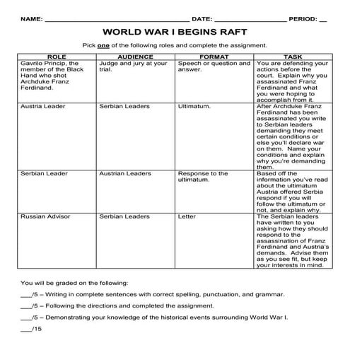 World War I Begins Raft | DOCX