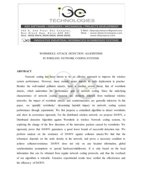 Wormhole Attack Detection Algorithms In Wireless Network Coding Systems