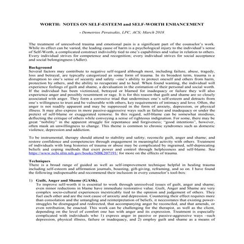 Worth: Notes on Self-Esteem and Self-Worth | PDF