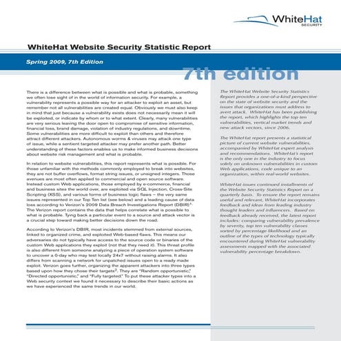 WhiteHat Security "Website Security Statistics Report" FULL (Q1'09) | PDF