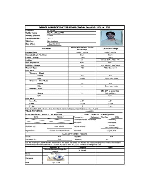 AWS D1.1 4G Welding Certification | PDF