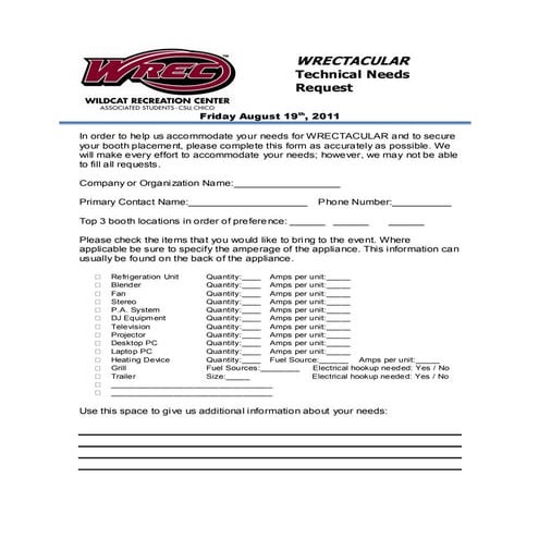 WRECTACULAR Technical Needs Request | PDF