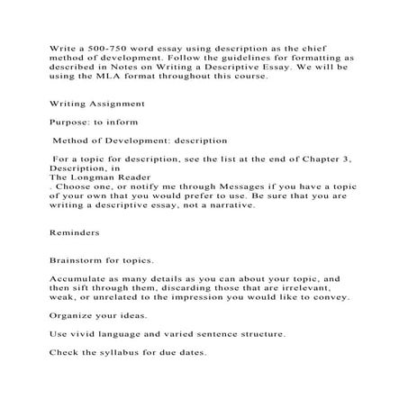 Write a 500-750 word essay using description as the chief method of .docx