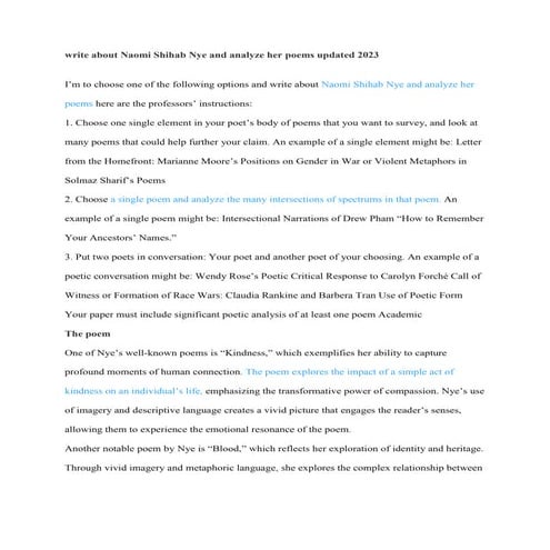 write about Naomi Shihab Nye and analyze her poems updated 2023 doc13.docx