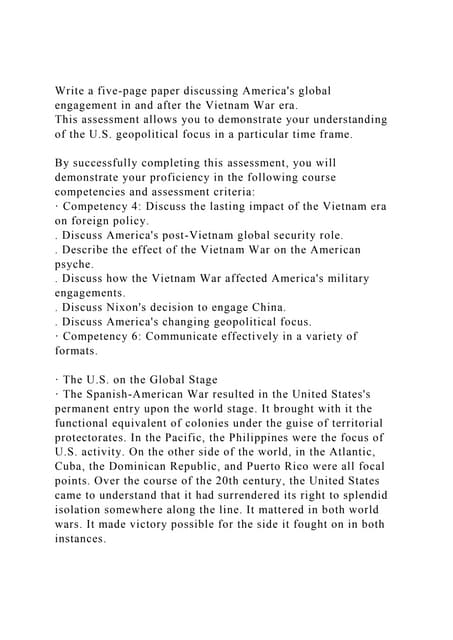 Write a five-page paper discussing Americas global engagement in .docx Write a five-page paper discussing Americas global engagement in .docx