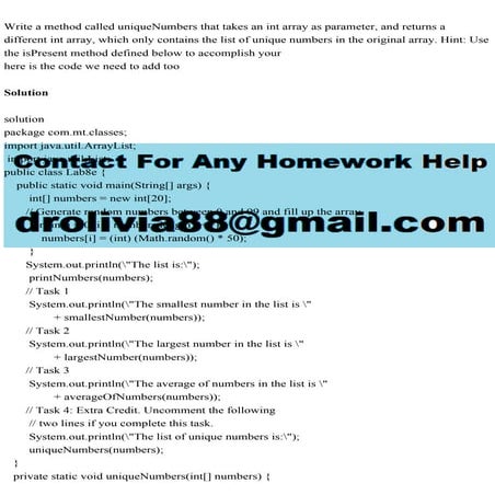 Write a method called uniqueNumbers that takes an int array as param.pdf