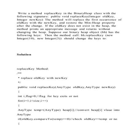 Write a method replaceKey in the BinaryHeap class with the following .docx