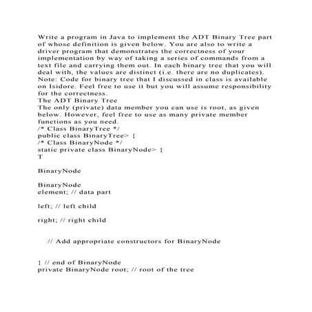 Write A Program In Java To Implement The Adt Binary Tree Part Of Whodocx 