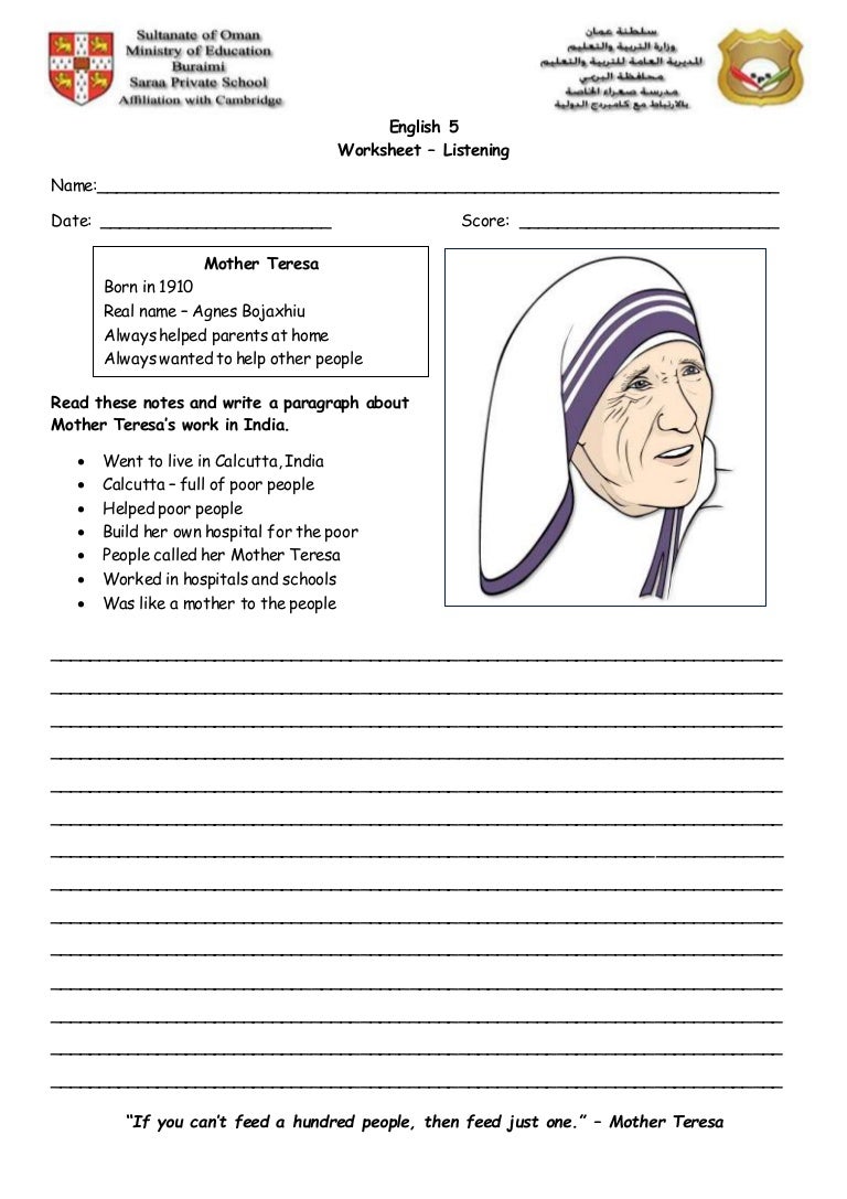 Worksheet: Writing activity about Mother Teresa