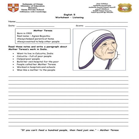 Worksheet: Writing activity about Mother Teresa | DOCX