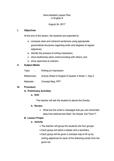Sample of Semi Detailed Lesson Plan | DOCX