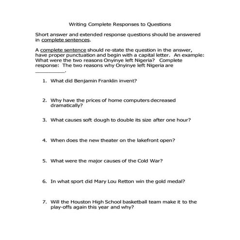 Writing complete responses to questions | DOCX
