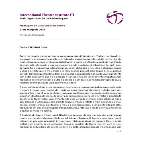Dia Mundial do Teatro 2019 - mensagem de Carlos Celdran | PDF