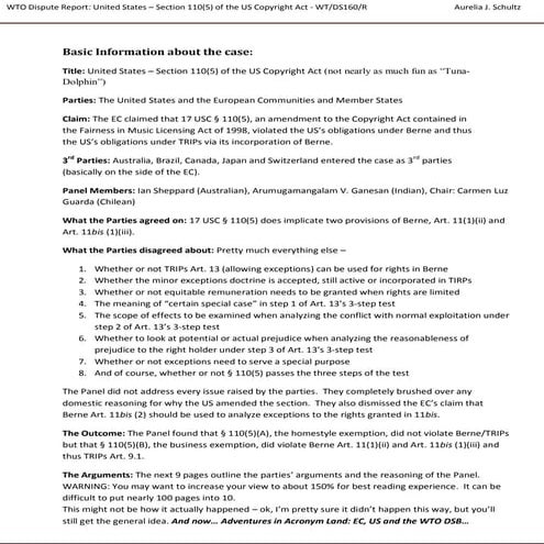 WTO Case Report on Section 110(5) of the US Copyright Act - WT/DS160/R ...