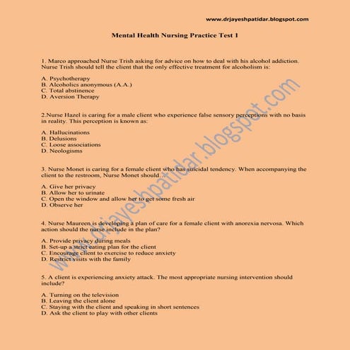 Mental health nursing practice test 1 | PDF