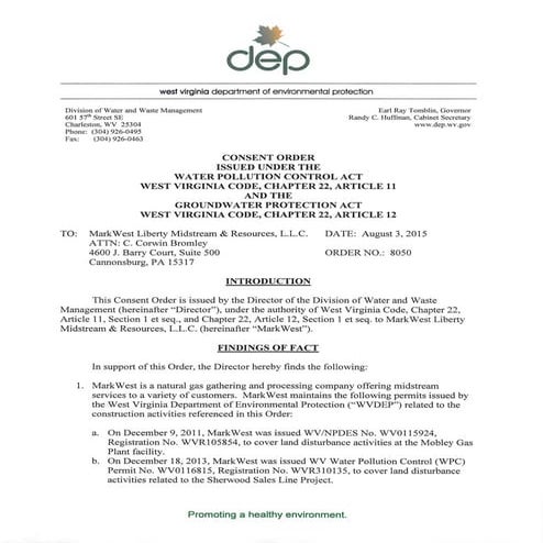 WVDEP Consent Order for MarkWest Energy, Assessing a $76,405 Fine for ...