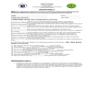 written work and performance task in second quarter | DOCX