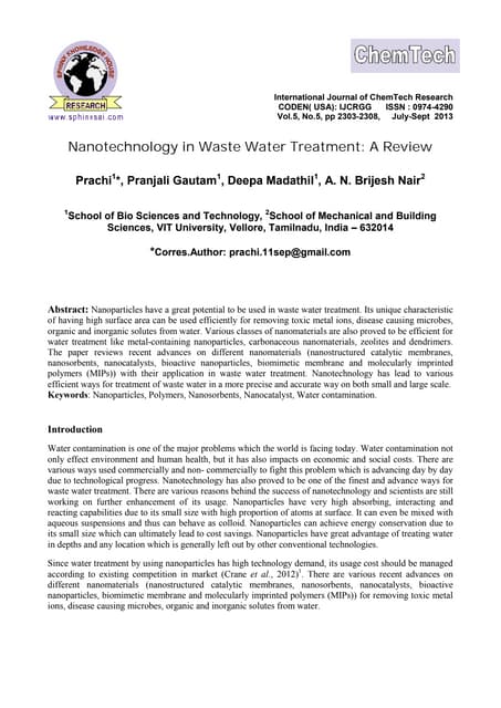 Nanotechnology for Water Treatment | PPTX