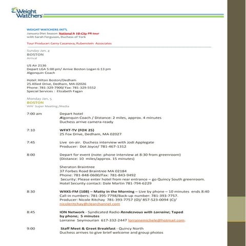 WW Ntl and 10 city medi tour schedule sample 718 | PDF