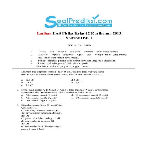 Www.soalprediksi.com soal uas 1 fisika kelas 12 | PDF