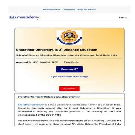 Bharathiar University Courses and Fees | PDF | Postgraduate Education ...