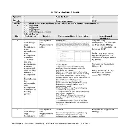 Weekly plan Grade 2 Q1 | DOCX