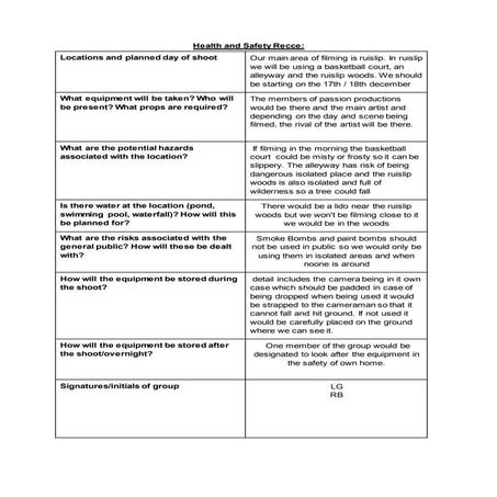 Health and safety recce | DOCX | Parks | Attractions