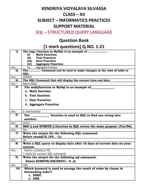 WORKSHEET SQL SOLVED FOR CLASS XII FINAL | PDF
