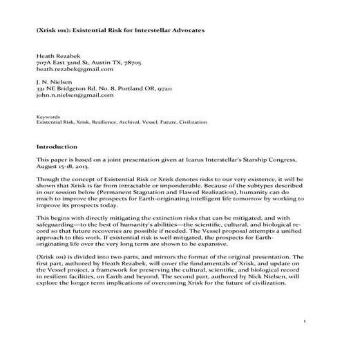 (Xrisk 101): Existential Risk for Interstellar Advocates | PDF ...