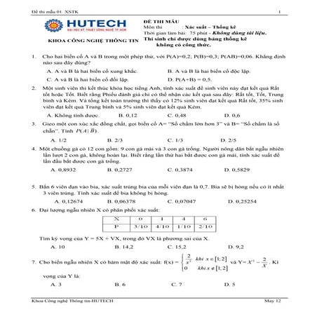 Xstk de thi mau 01 (may12) | PDF