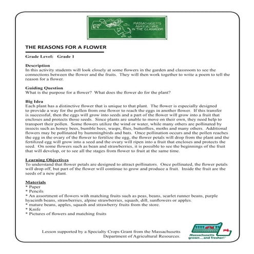 Grade 1 School Garden Lesson Plan - Pollination Lesson; Reason for a ...
