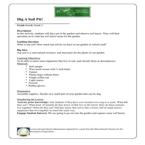 Grade 1 School Garden Lesson Plan - Soil Lesson; Dig A Soil Pit ...