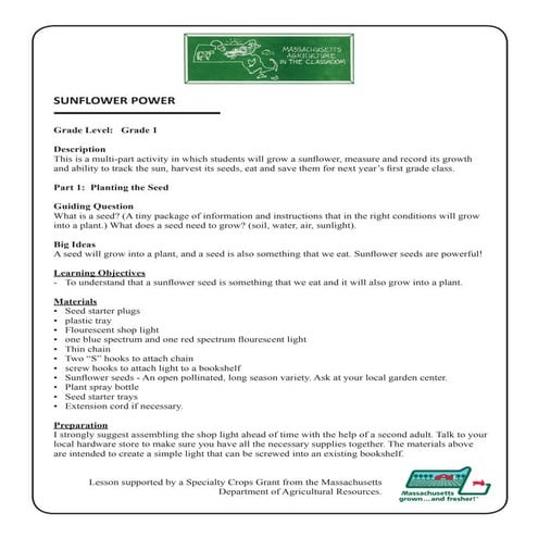 Grade 1 School Garden Lesson Plan - Sunflower Power ~ Massachusetts | PDF