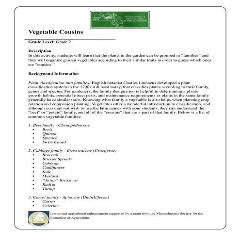 Grade 2 School Garden Lesson Plan - Vegetable Cousins ~ Massachusetts | PDF