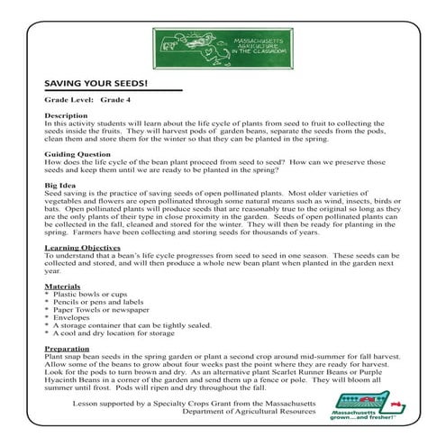 Grade 4 School Garden Lesson Plan - Seeds Lesson; Seed your Saving ...