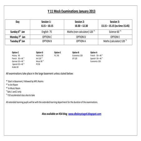 Y11 Mock Timetable - 6-8 Jan 2013 | PPT